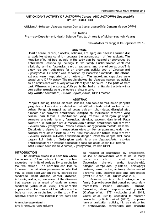 (PDF) Antioxidant Activity of Jatropha curcas and Jatropha gossypifolia by DPPH Method