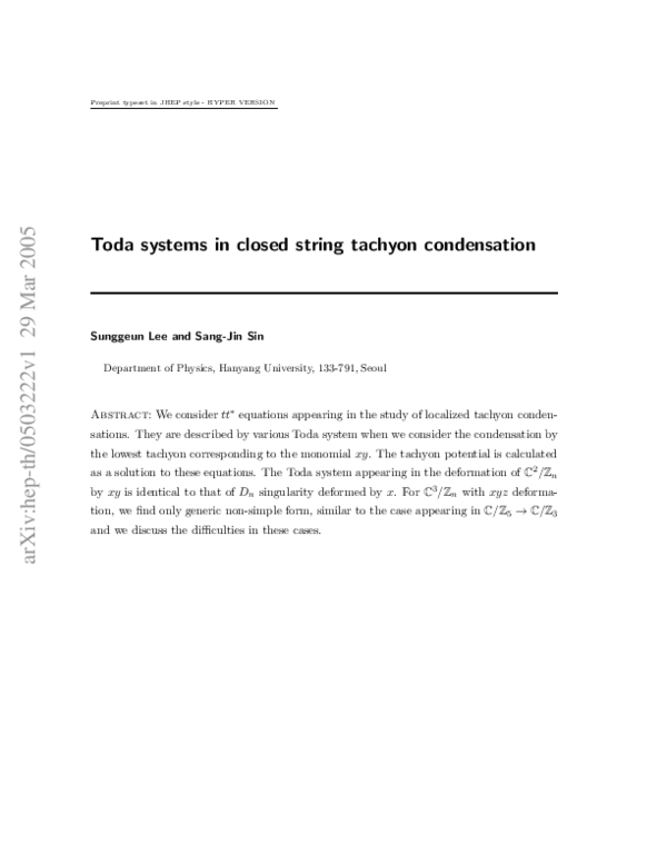 (PDF) Toda systems in closed string tachyon condensation | Sang-Jin Sin ...