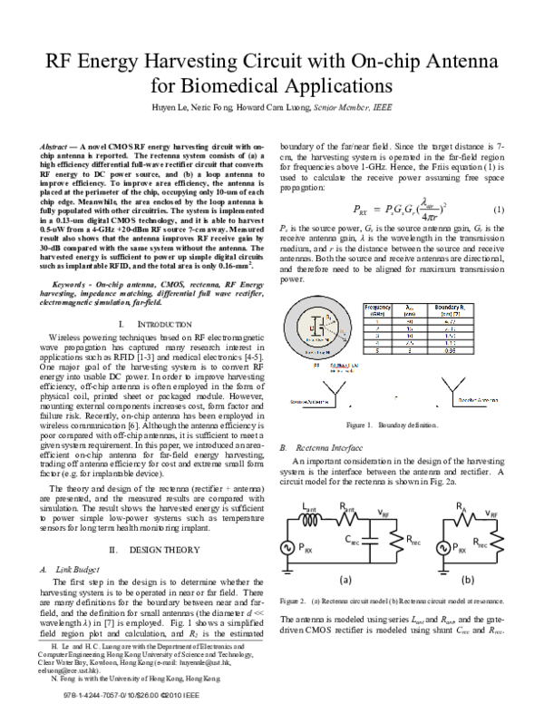 Pdf Rf Energy Harvesting Circuit With On Chip Antenna For Biomedical Applications