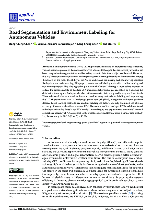 (PDF) Road Segmentation and Environment Labeling for Autonomous Vehicles