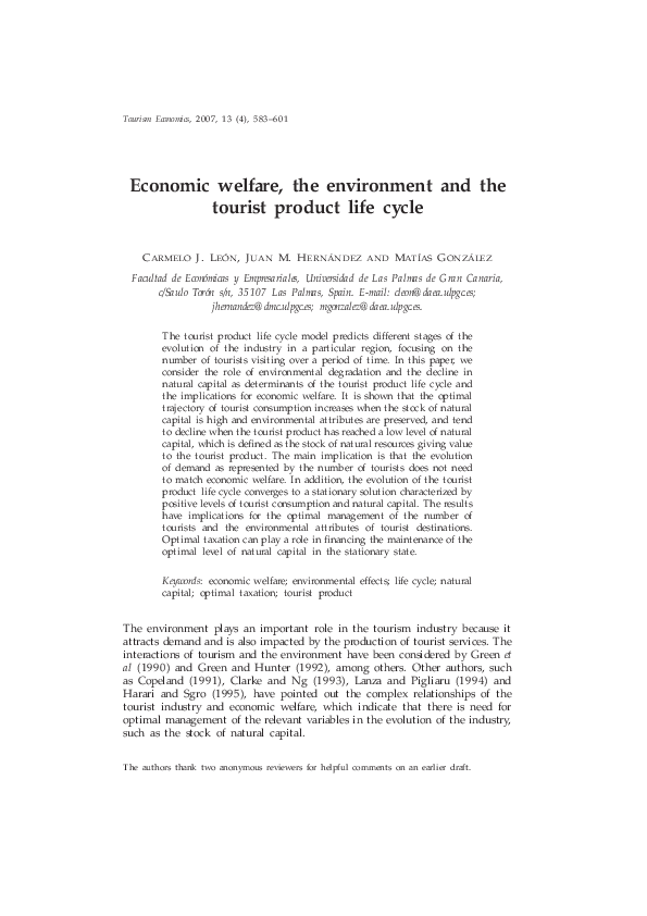 (PDF) Economic welfare, the environment and the tourist product life cycle