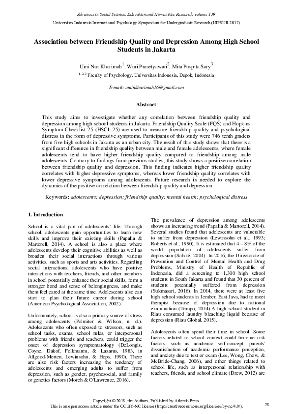 (PDF) Association between Friendship Quality and Depression among High ...