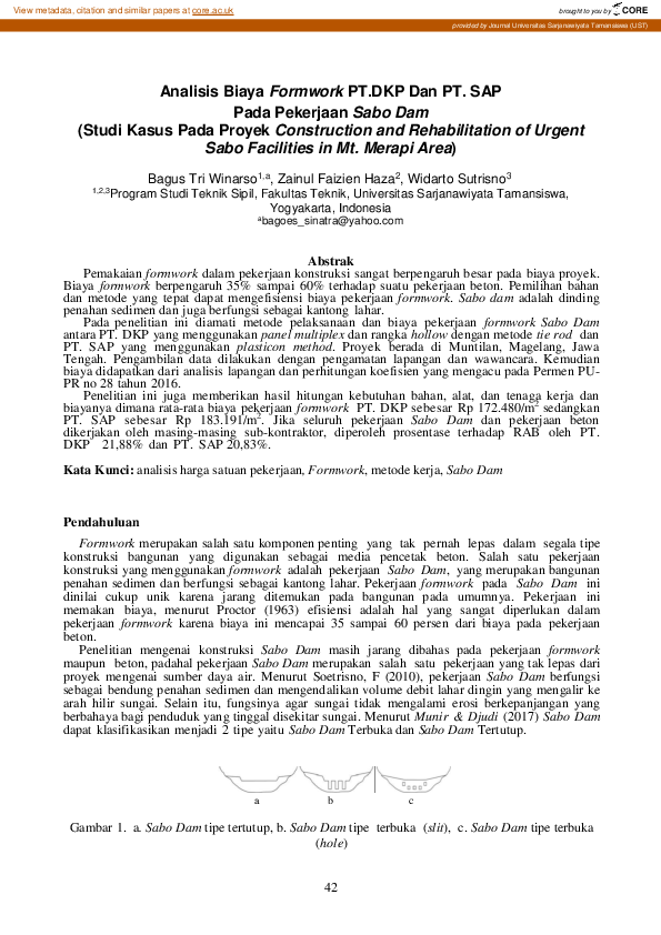 (PDF) Analisis Biaya Formwork PT.DKP Dan PT. SAP Pada Pekerjaan Sabo Dam (Studi Kasus Pada ...