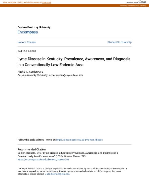 (PDF) Lyme Disease in Kentucky: Prevalence, Awareness, and Diagnosis in a Conventionally Low ...