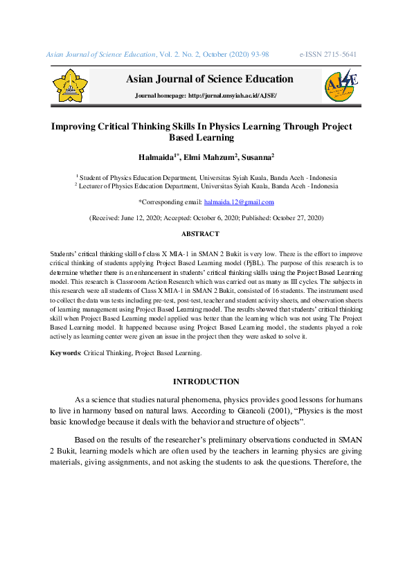 (PDF) The Effort To Improve Critical Thinking SKILLS In Physics Learning Through Project Based ...