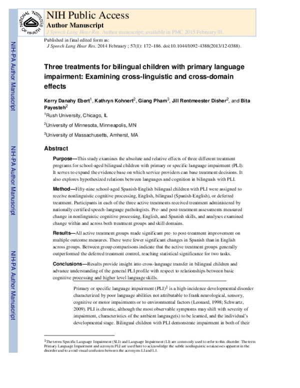 (PDF) Three Treatments for Bilingual Children With Primary Language Impairment: Examining Cross ...