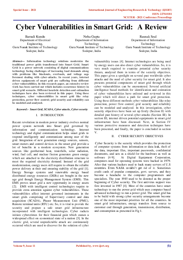 Pdf Cyber Vulnerabilities In Smart Grid A Review