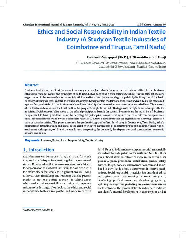 (PDF) Ethics and Social Responsibility in Indian Textile Industry (A Study on Textile Industries ...