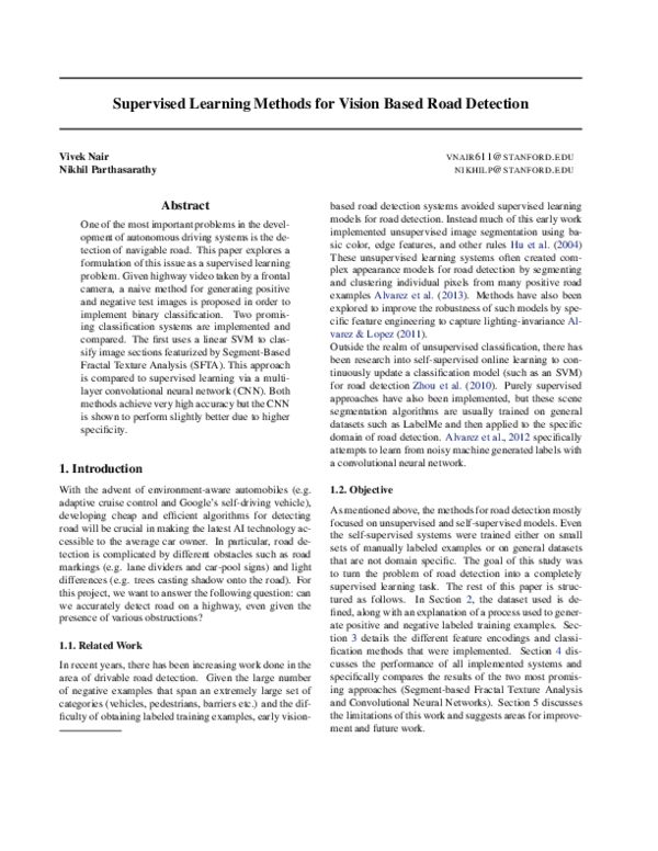 (PDF) Supervised Learning Methods for Vision Based Road Detection