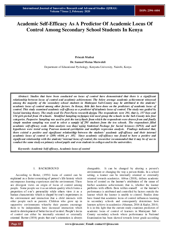 Pdf Academic Self Efficacy As A Predictor Of Academic Locus Of Control Among Secondary School