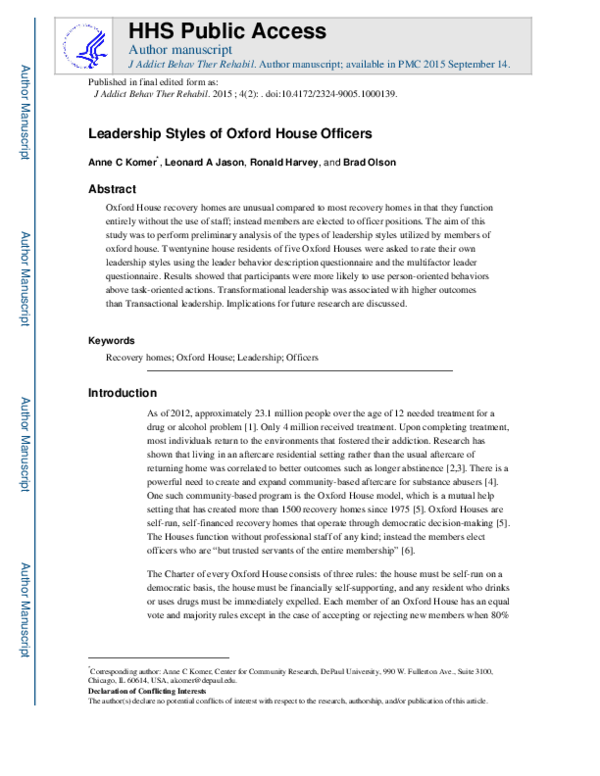 (PDF) Leadership Styles of Oxford House Officers