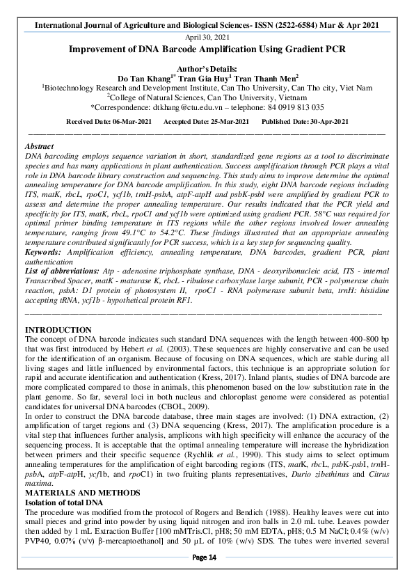 (PDF) Improvement of DNA Barcode Amplification Using Gradient PCR