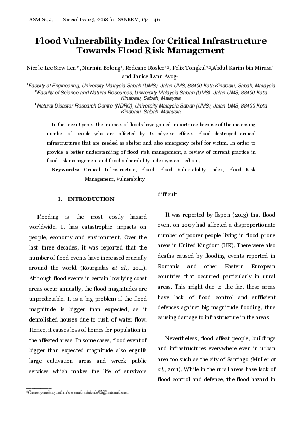 (PDF) Flood Vulnerability Index for Critical Infrastructure Towards Flood Risk Management