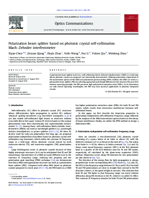 (PDF) Polarization beam splitter based on photonic crystal self-collimation Mach–Zehnder ...