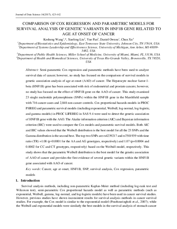 (PDF) Comparison of Cox Regression and Parametric Models for Survival Analysis of Genetic ...
