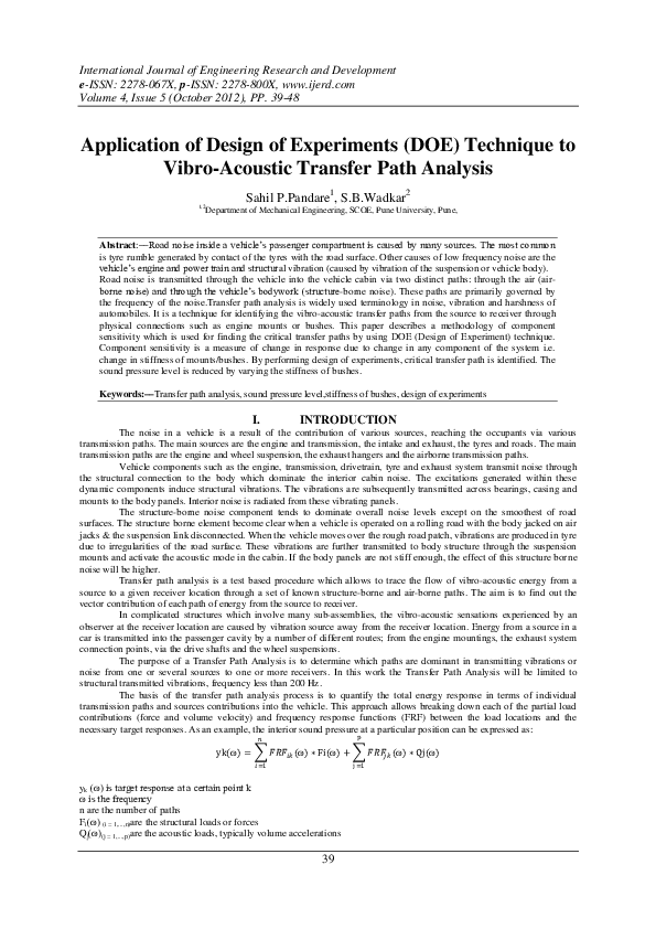 (PDF) Application of Design of Experiments ( DOE ) Technique to Vibro-Acoustic Transfer Path ...