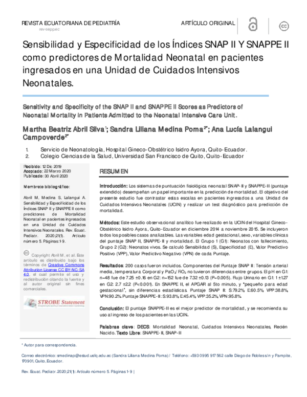 (PDF) Sensibilidad y Especificidad de los Índices SNAP II Y SNAPPE II ...