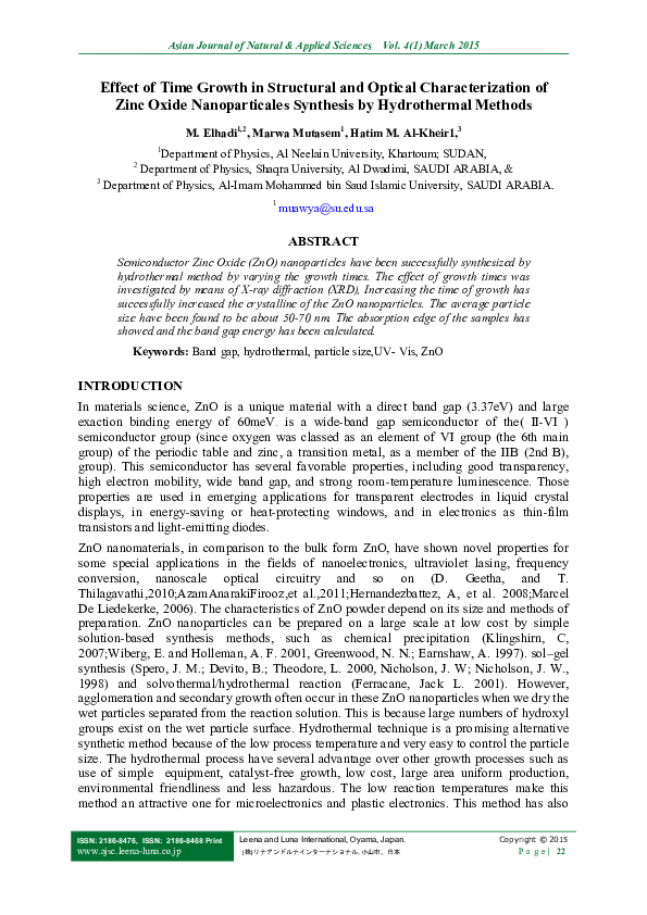 (PDF) Effect of Time Growth in Structural and Optical Characterization of Zinc Oxide ...
