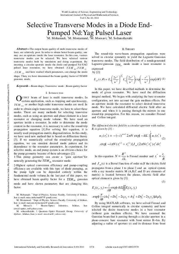 (PDF) Selective Transverse Modes In A Diode End- Pumped Nd:Yag Pulsed Laser