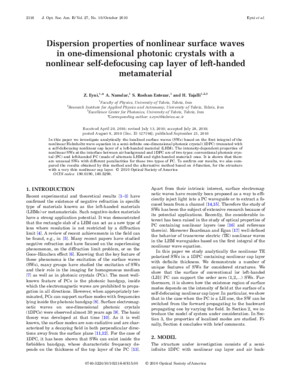 (PDF) Dispersion properties of nonlinear surface waves in one-dimensional photonic crystals with ...