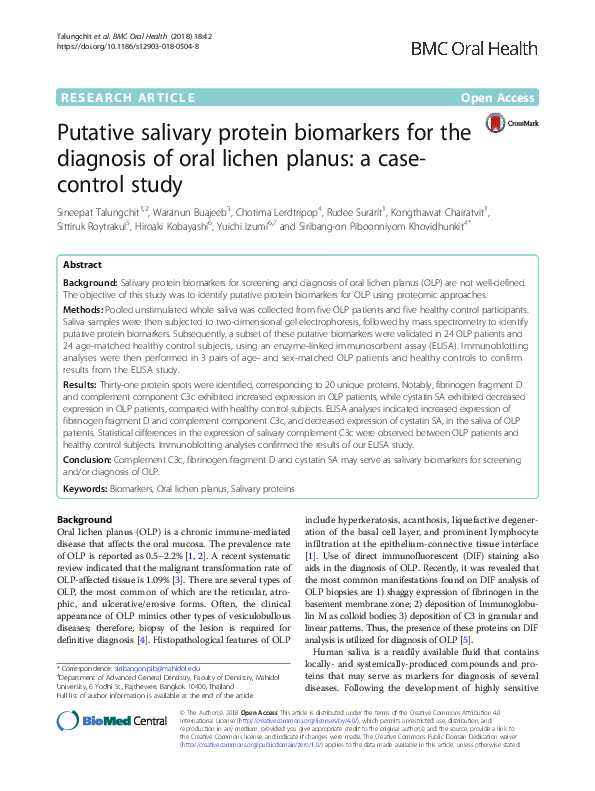 (PDF) Putative salivary protein biomarkers for the diagnosis of oral lichen planus: a case ...
