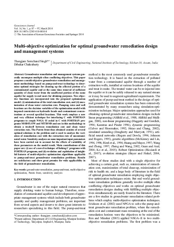 (PDF) Multi-objective optimization for optimal groundwater remediation design and management systems