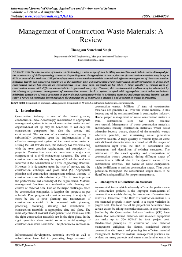 (PDF) Management of Construction Waste Materials: A Review