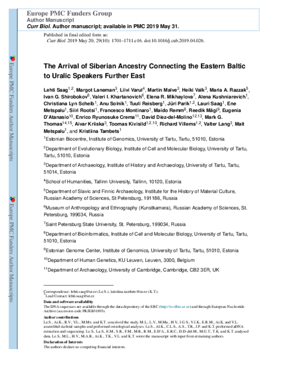 (PDF) The Arrival of Siberian Ancestry Connecting the Eastern Baltic to ...