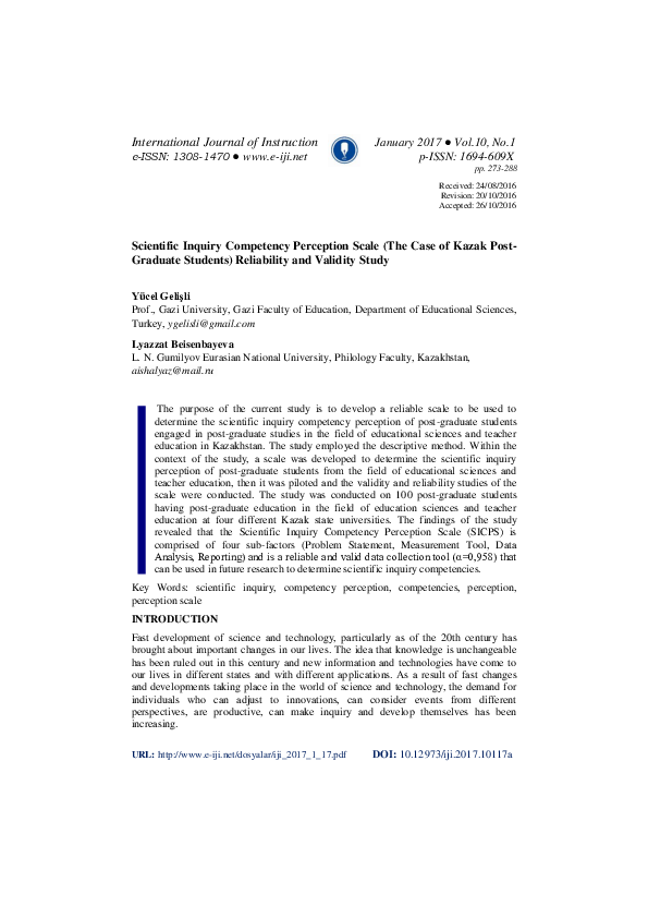 (PDF) Scientific Inquiry Competency Perception Scale (The Case of Kazak Post-Graduate Students ...