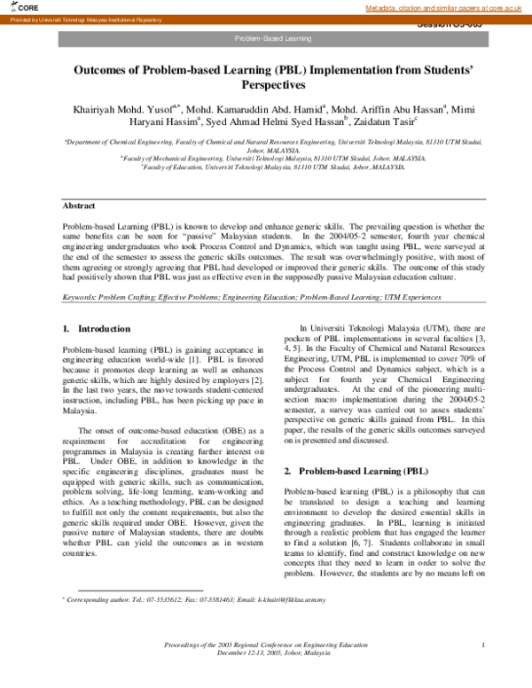 (PDF) Outcomes of Problem-based Learning (PBL) Implementation from Students Perspectives | Syed ...