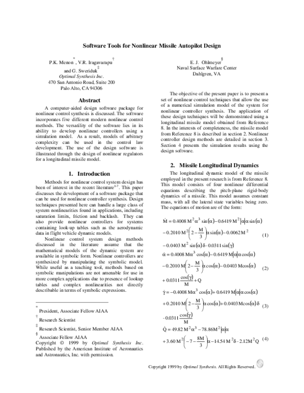 (PDF) Software tools for nonlinear missile autopilot design