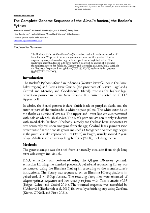 (PDF) The Complete Genome Sequence of the Simalia boeleni, the Boelen’s ...