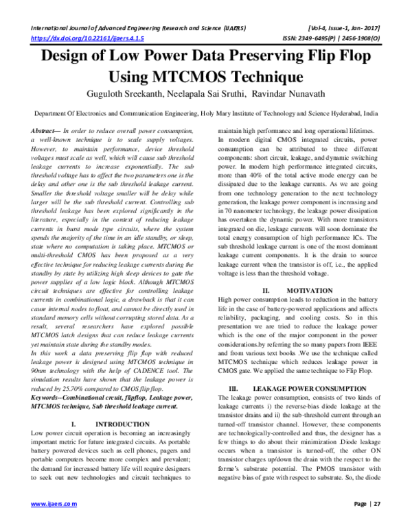 Pdf Design Of Low Power Data Preserving Flip Flop Using Mtcmos Technique Sai Sruthi K