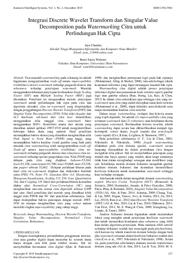 (PDF) Integrasi Discrete Wavelet Transform dan Singular Value Decomposition pada Watermarking ...