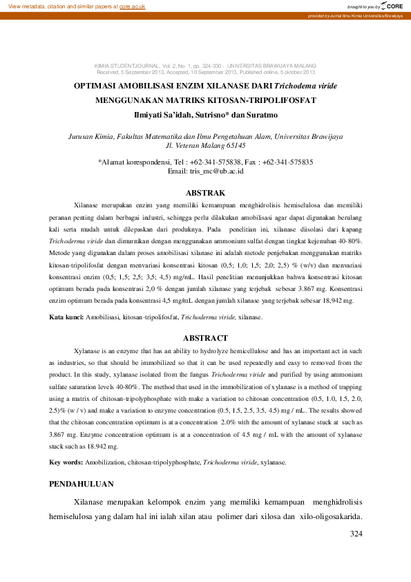 (PDF) OPTIMASI AMOBILISASI ENZIM XILANASE DARI Trichodema viride ...