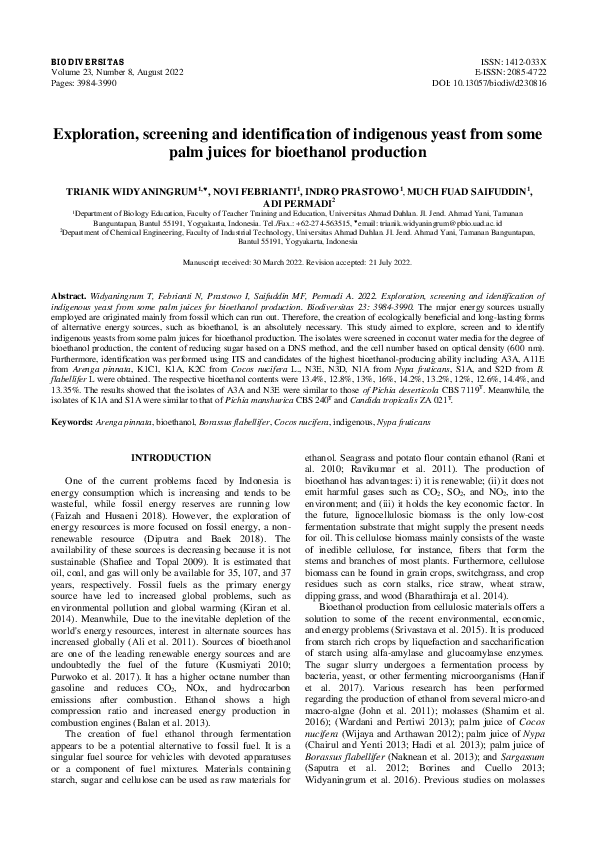 (PDF) Exploration, screening and identification of indigenous yeast from some palm juices for ...