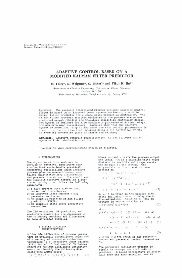 Pdf Adaptive Control Based On A Modified Kalman Filter Predictor