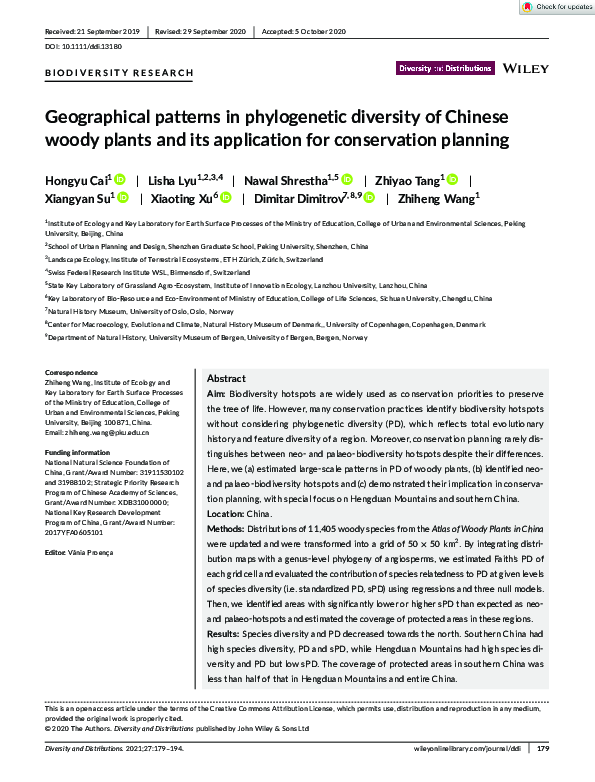 (PDF) Geographical patterns in phylogenetic diversity of Chinese woody plants and its ...