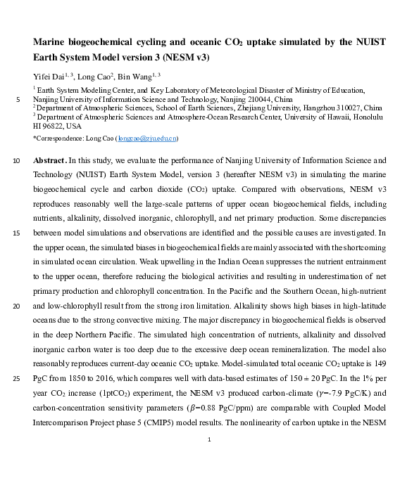 (PDF) Marine biogeochemical cycling and oceanic CO2 uptake simulated by the NUIST Earth System ...