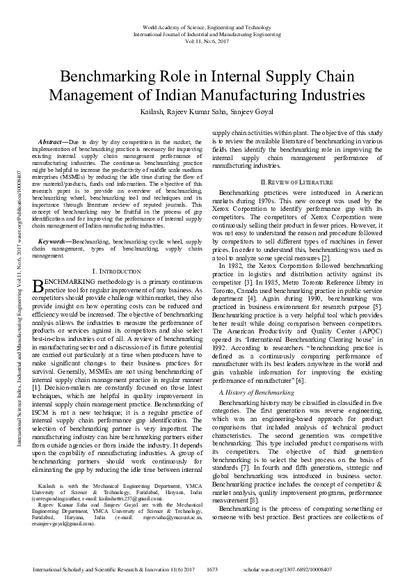 (PDF) Benchmarking Role In Internal Supply Chain Management Of Indian Manufacturing Industries