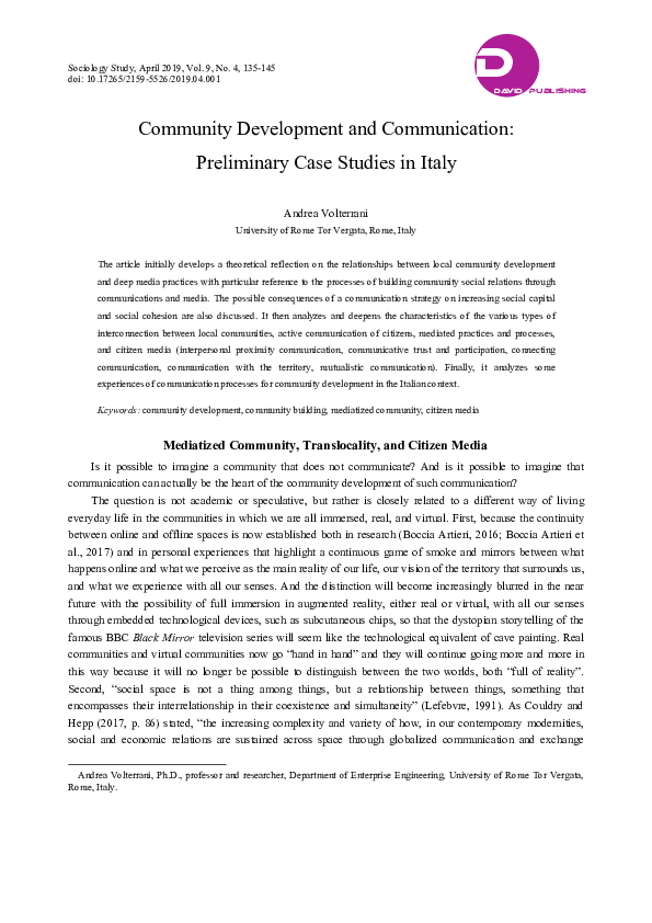 (PDF) Community Development and Communication: Preliminary Case Studies in Italy