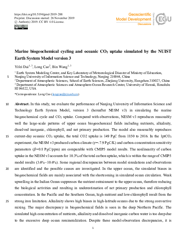 (PDF) Marine biogeochemical cycling and oceanic CO2 uptake simulated by the NUIST Earth System ...