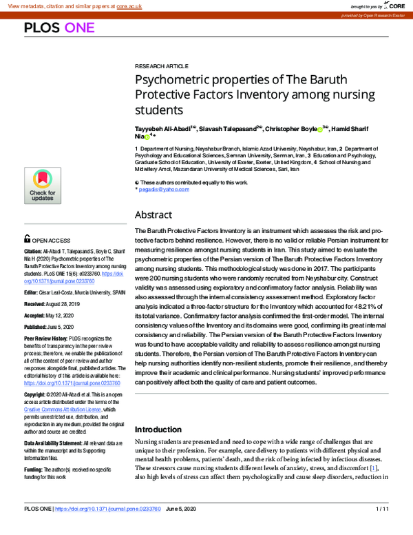 (PDF) Psychometric properties of The Baruth Protective Factors ...