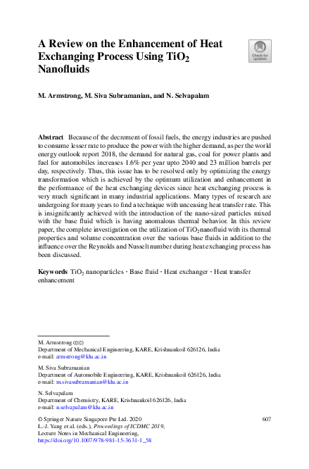 (PDF) A Review on the Enhancement of Heat Exchanging Process Using TiO2 Nanofluids