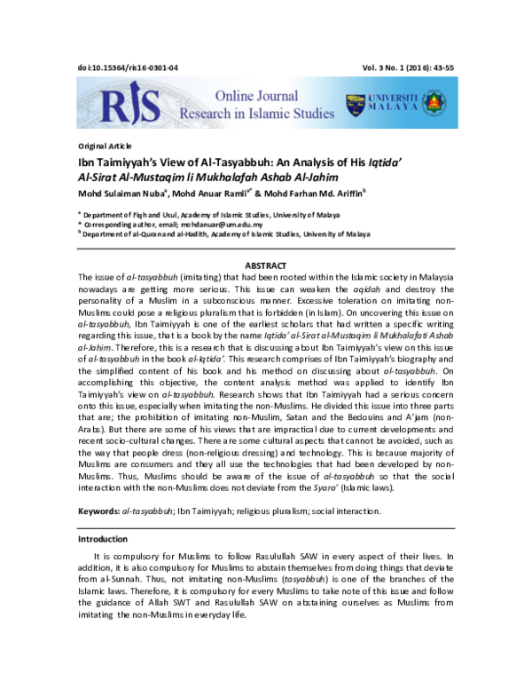 (PDF) I.T’S VIEW OF AL-TASYABBUH: AN ANALYSIS OF HIS IQTIDA’ AL-SIRAT ...