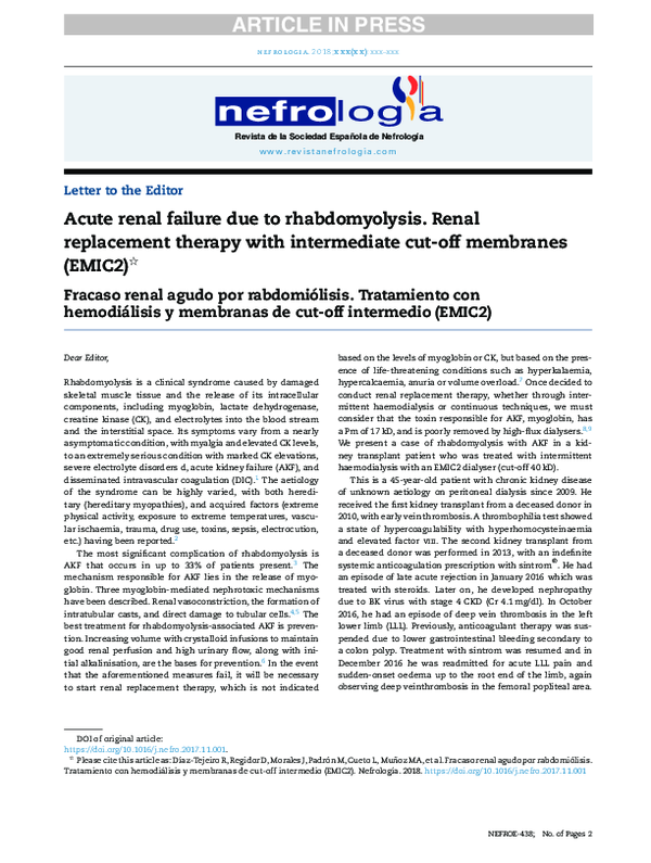 (PDF) Acute renal failure due to rhabdomyolysis. Renal replacement ...