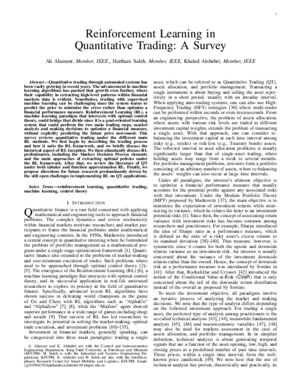 Pdf Reinforcement Learning In Quantitative Trading A Survey
