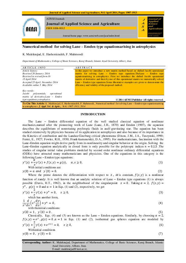 (PDF) Numerical method for solving Lane–Emden type equations arising in astrophysics