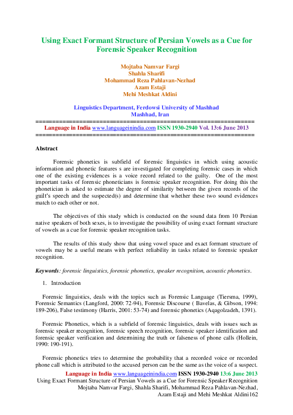 (PDF) Using Exact Formant Structure of Persian Vowels as a Cue for ...
