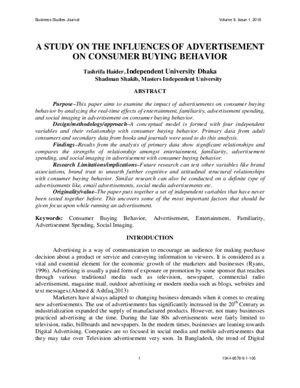 (PDF) A Study On The Influences of Advertisement On Consumer Buying Behavior